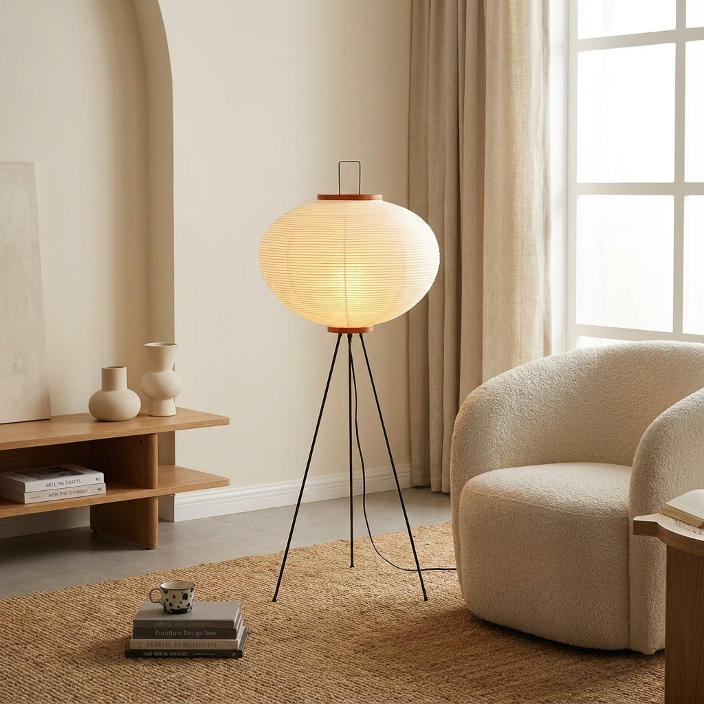 Elara Haus Wabi Sabi Tripod Floor Lamp - Rice Paper Shade & Metal Legs